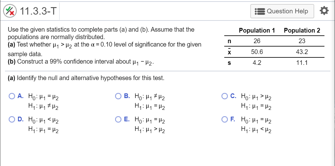 Solved % 11.3.3-T : Question Help Population 2 23 Use the | Chegg.com