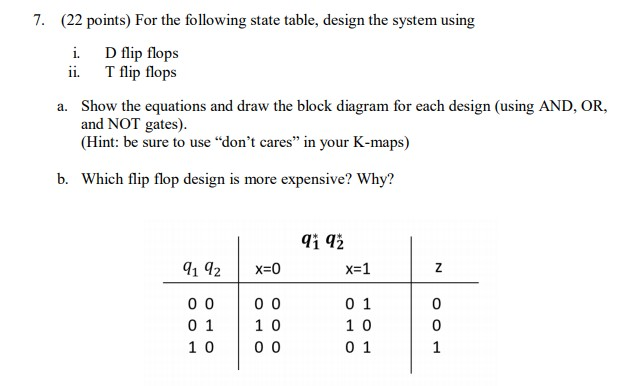 Solved 7. For the following state table, design the system | Chegg.com