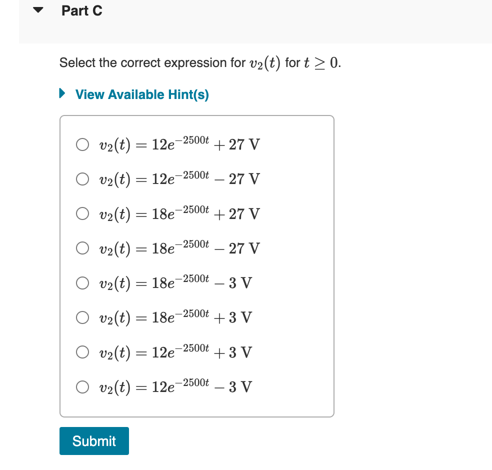 Solved Select the correct expression for v1(t) for t≥0. View | Chegg.com