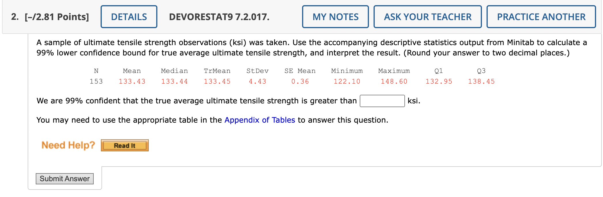 Solved A sample of ultimate tensile strength observations | Chegg.com