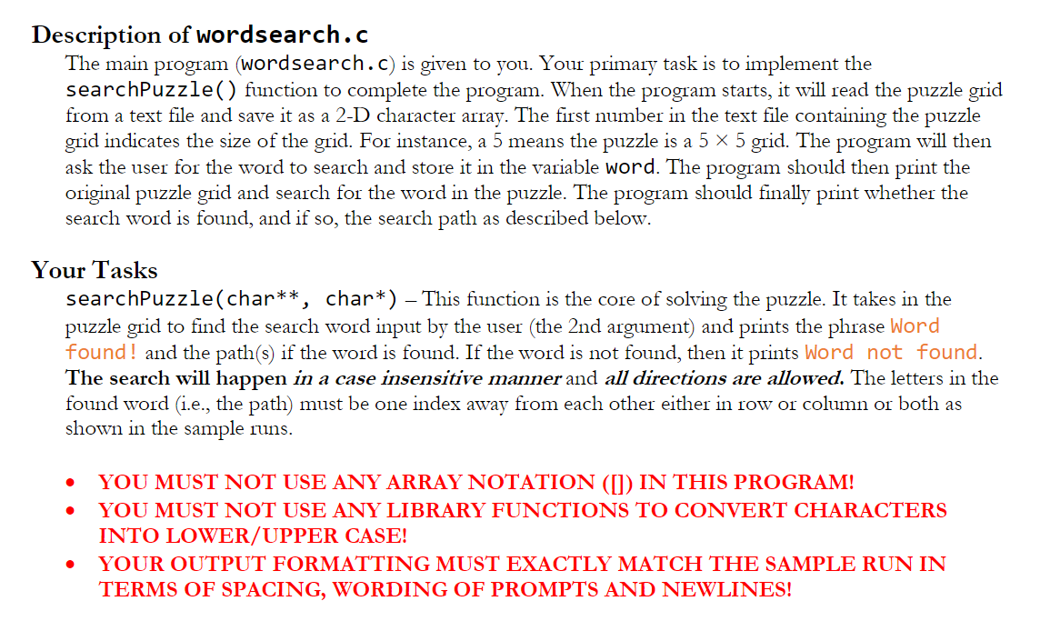 Solved Description of wordsearch.c The main program | Chegg.com