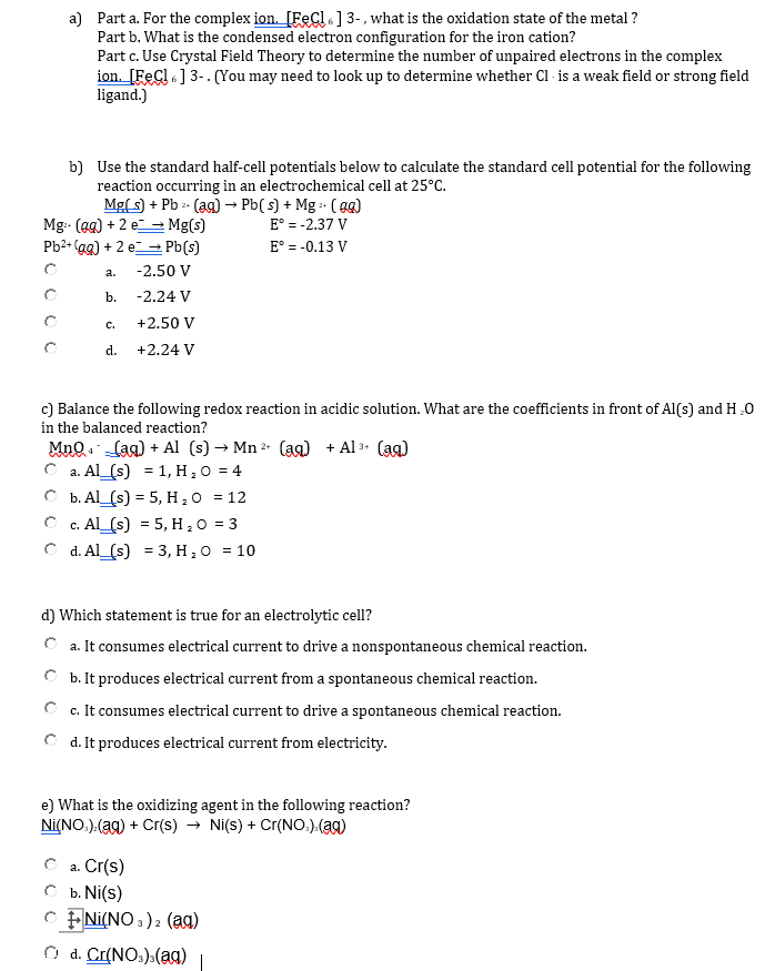 Solved a) Part a. For the complex ion. (FeCl ] 3-, what is | Chegg.com