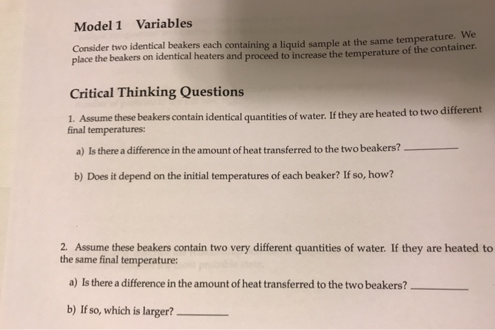 Solved Model 1 Variables Consider two identical beakers each | Chegg.com