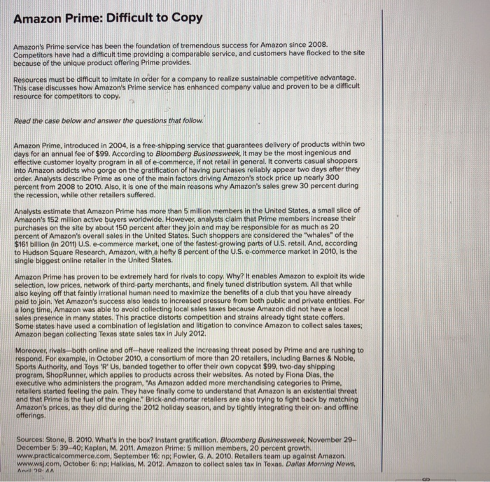 Solved Amazon Prime: Difficult to Copy Amazon's Prime | Chegg.com
