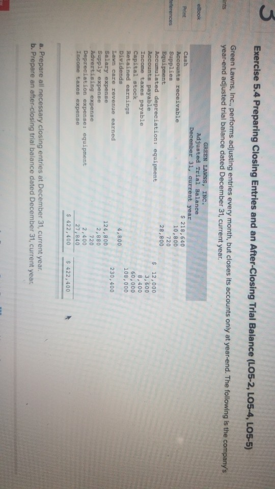 Solved Exercise 5.4 Preparing Closing Entries and an | Chegg.com