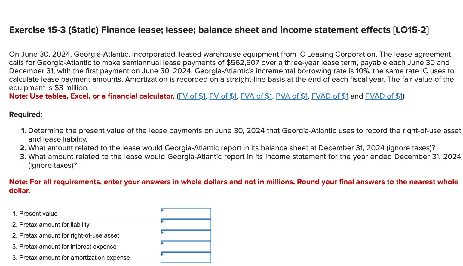 Solved Exercise 15-3 (Static) Finance lease; lessee; balance | Chegg.com
