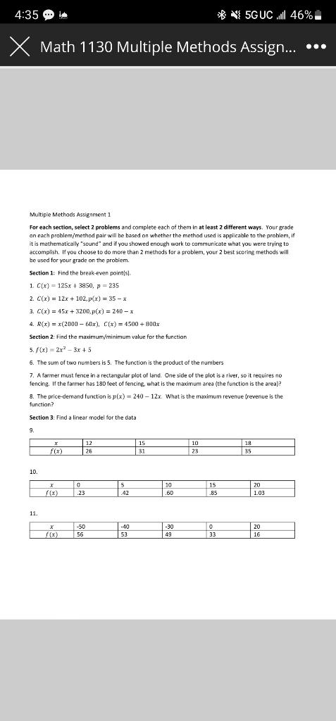 Solved Math 1130 Multiple Methods Assign... Multiple Methods | Chegg.com