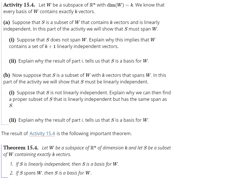 Solved Activity 15.4. Let W be a subspace of Rn with | Chegg.com