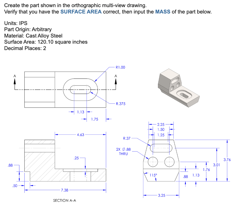 Solved Create the part shown in the orthographic multi-view | Chegg.com