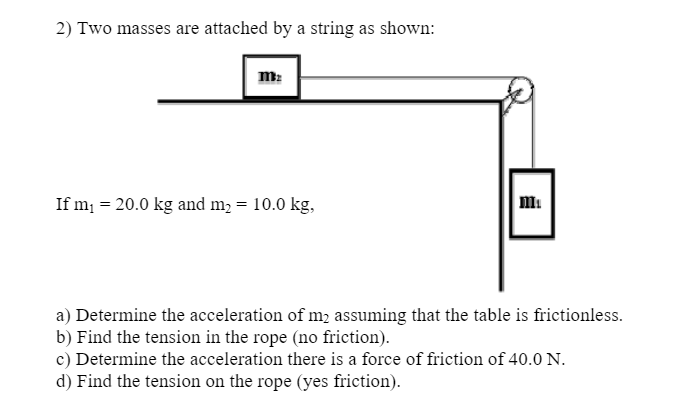 Solved 2) Two masses are attached by a string as shown: m: | Chegg.com