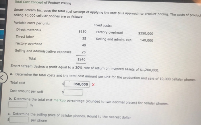 Solved Total Cost Concept of Product Pricing Smart Stream | Chegg.com