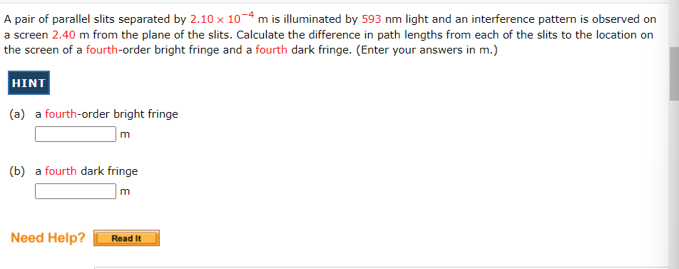 Solved A pair of parallel slits separated by 2.10×10−4 m is | Chegg.com