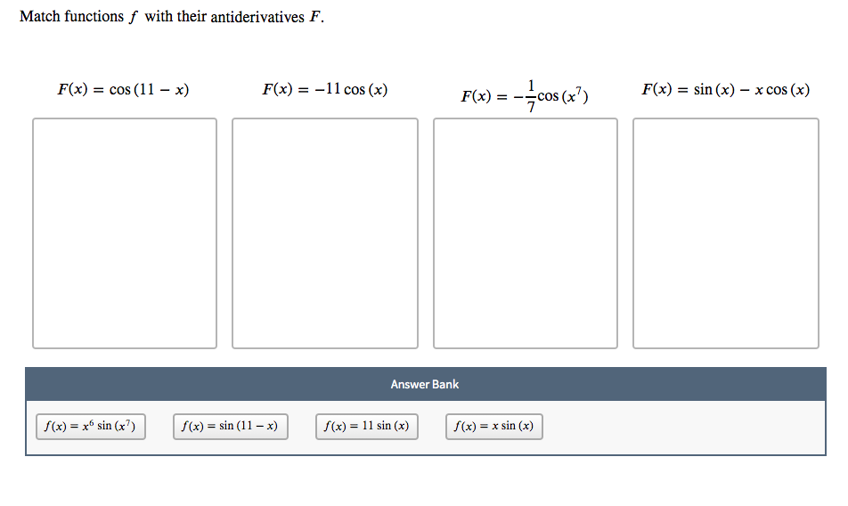 Solved Match functions f with their antiderivatives F. F(x) | Chegg.com