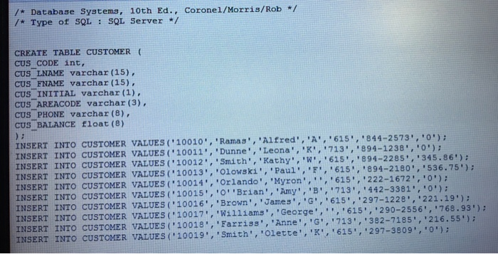 Solved /* Database Systems, 10th Ed., Coronel/Morris/Rob / | Chegg.com