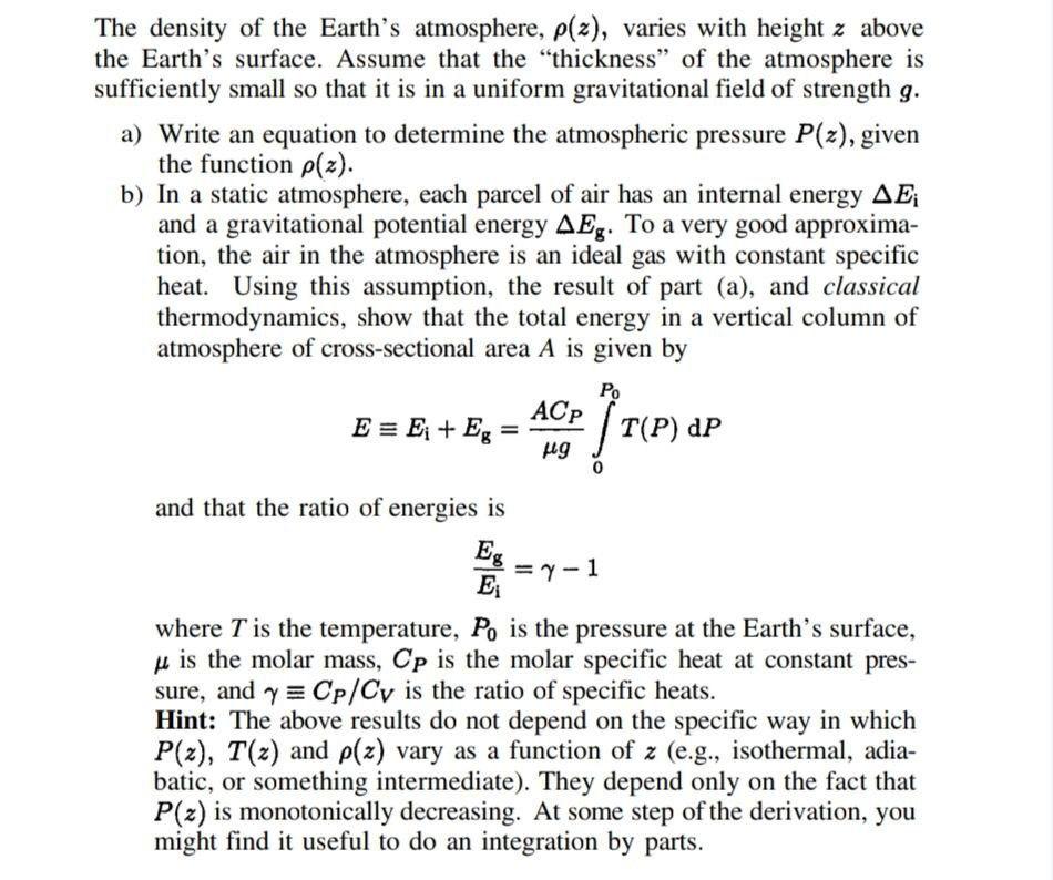 Solved The density of the Earth's atmosphere, p(2), varies | Chegg.com