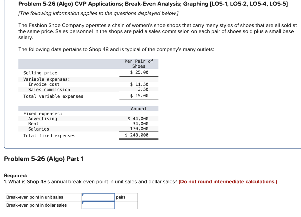 Solved Problem 5-26 (Algo) CVP Applications; Break-Even | Chegg.com