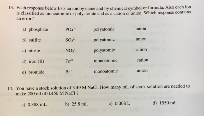 Solved 13. Each response below lists an ion by name and by | Chegg.com