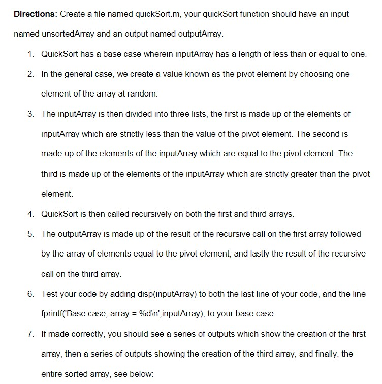 Solved Directions Create A File Named Quicksortm Your 5193