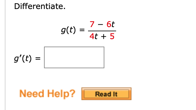 Solved Differentiate. g(t)=4t+57−6t g′(t)= | Chegg.com