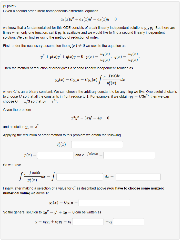 Solved (1 point) Given a second order linear homogeneous | Chegg.com