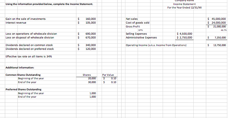 Solved Using the information provided below, complete the | Chegg.com