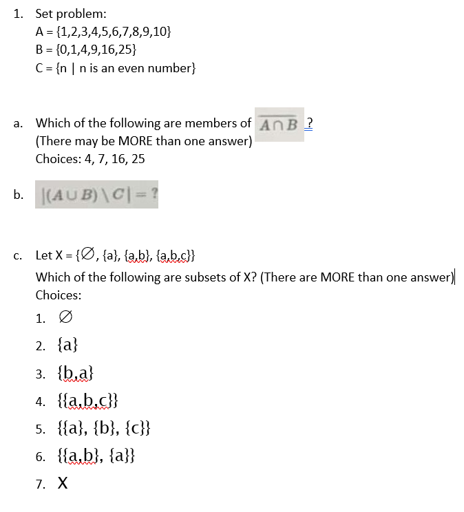 Solved 1. Set problem: A = {1,2,3,4,5,6,7,8,9,10} B = | Chegg.com