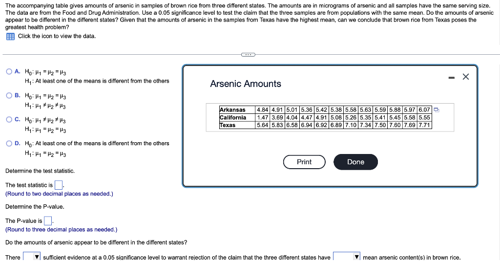 Solved The accompanying table gives amounts of arsenic in | Chegg.com