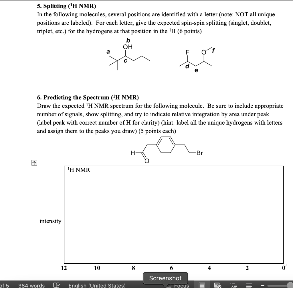 Solved 5. Splitting ('H NMR) In the following molecules, | Chegg.com