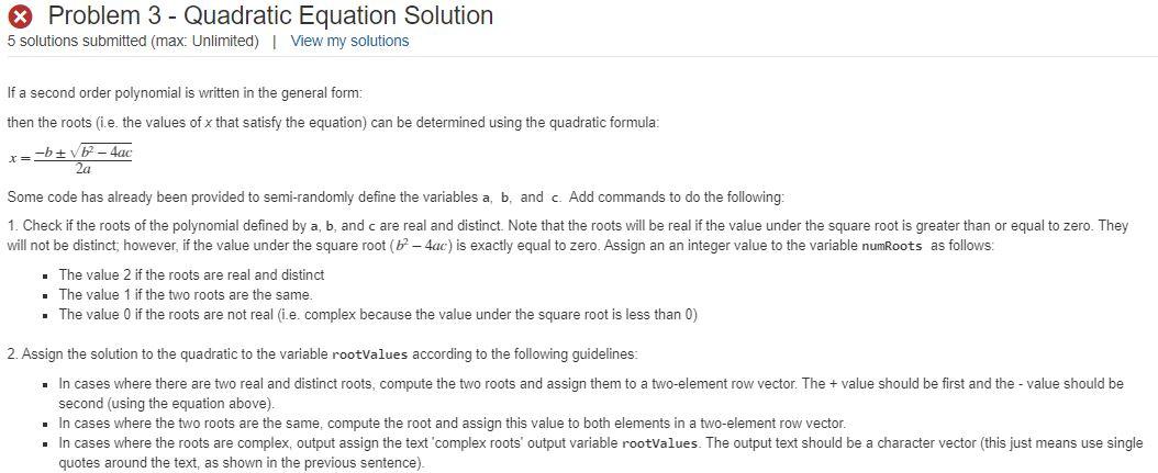 Solved ® Problem 3 - Quadratic Equation Solution 5 solutions | Chegg.com