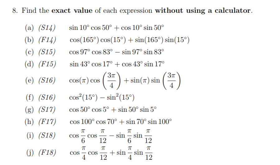 Solved 8. Find the exact value of each expression without | Chegg.com