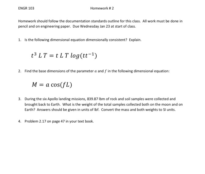 Solved ENGR 103 Homework # 2 Homework should follow the | Chegg.com