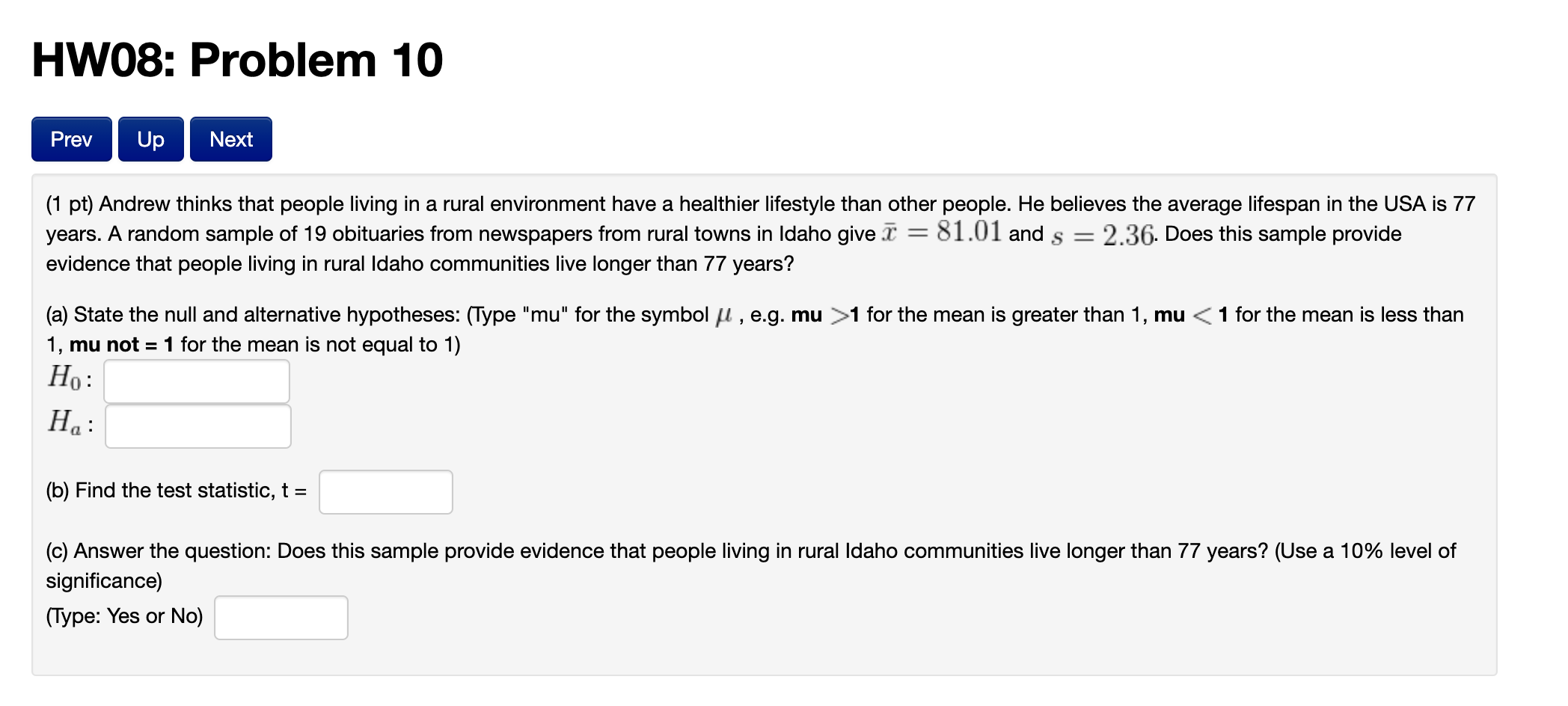 Solved HW08: Problem 8 Prev Up Next (1 pt) A random sample | Chegg.com