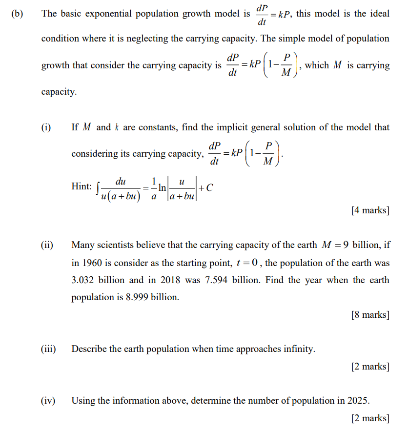 Solved (6) The basic exponential population growth model is | Chegg.com