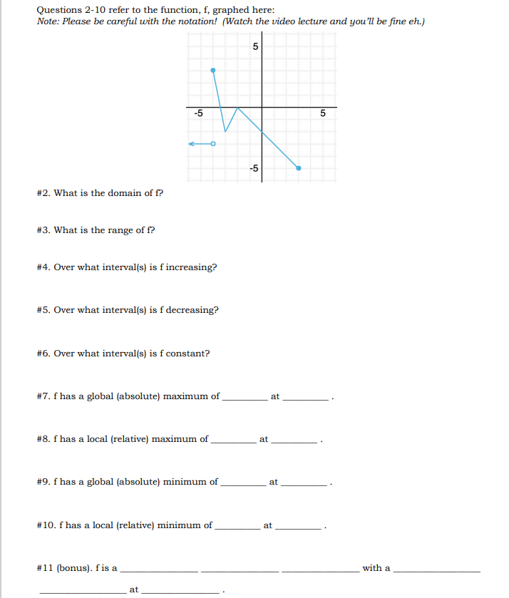 [Solved]: Questions 2-10 refer to the function, f, graphed
