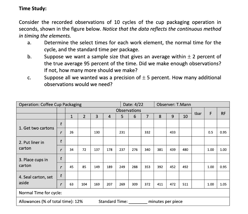 Solved Time Study: Consider the recorded observations of 10 | Chegg.com