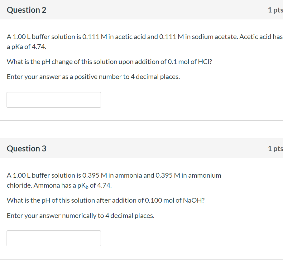 Solved Question 2 1 pts A 1.00 L buffer solution is 0.111 M | Chegg.com