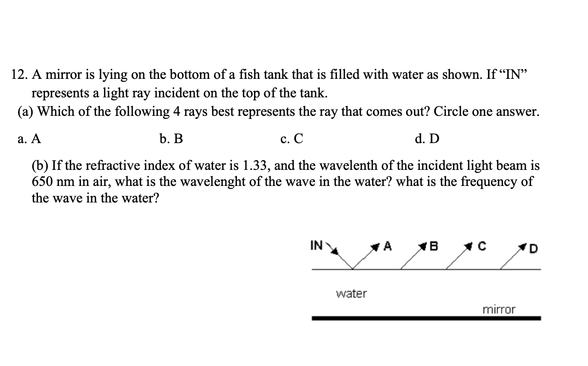 Solved 12. A mirror is lying on the bottom of a fish tank | Chegg.com