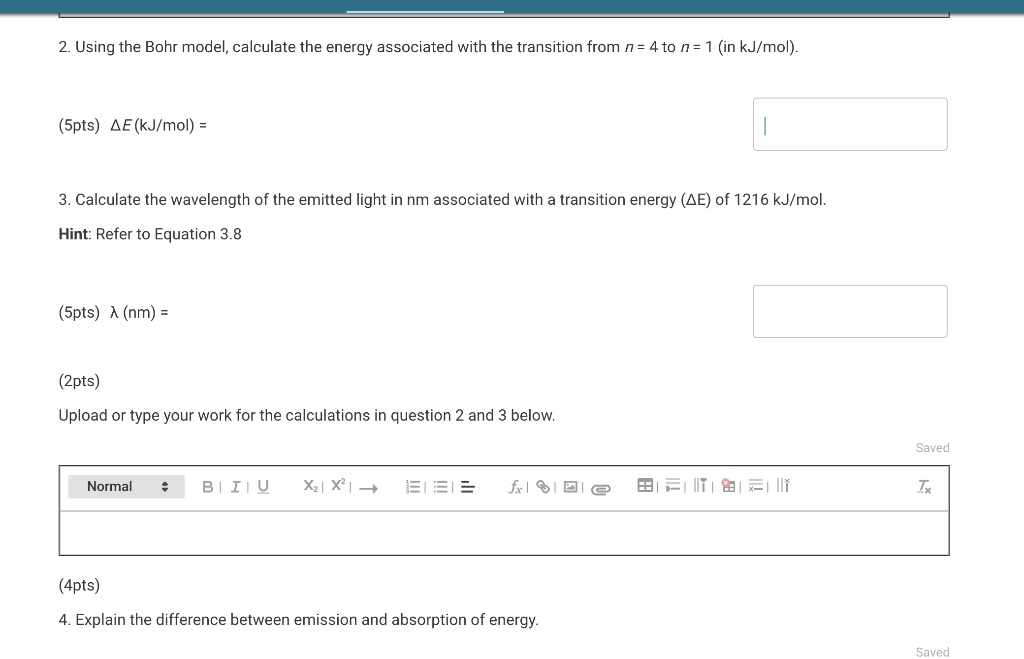 Solved 2. Using the Bohr model, calculate the energy | Chegg.com