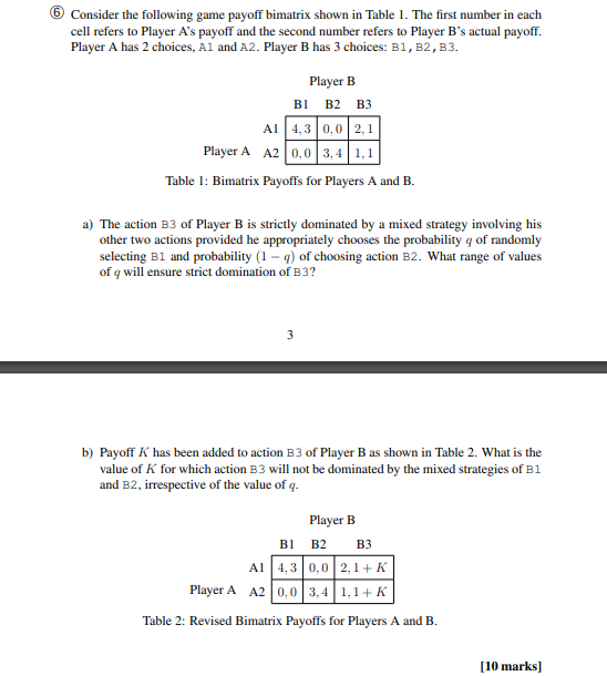 Solved 6 Consider the following game payoff bimatrix shown | Chegg.com
