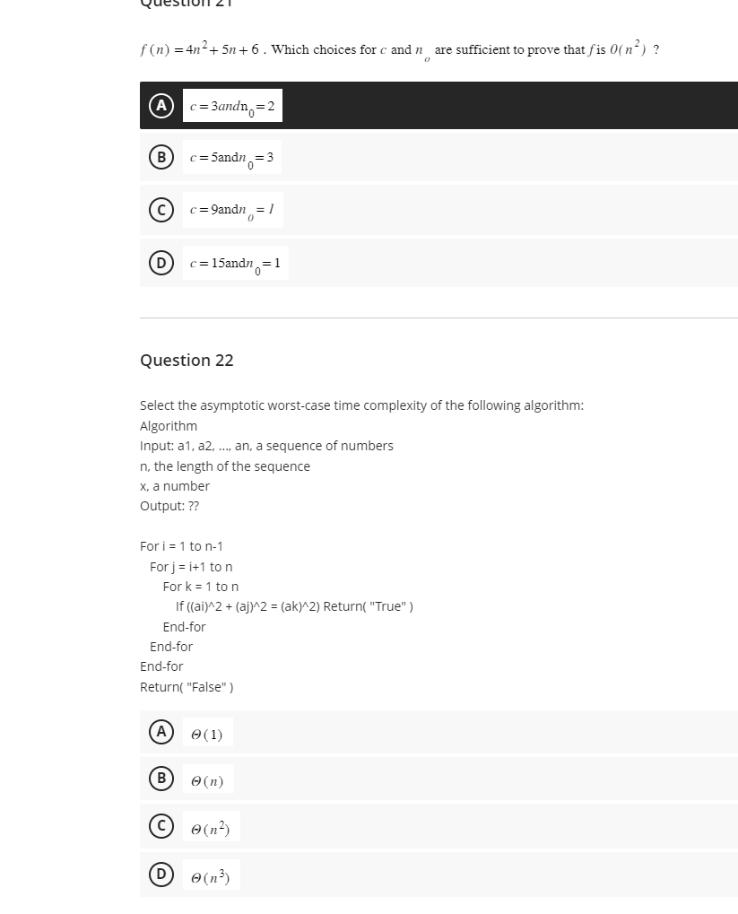 Solved f(n)=4n2+5n+6. Which choices for c and n are | Chegg.com