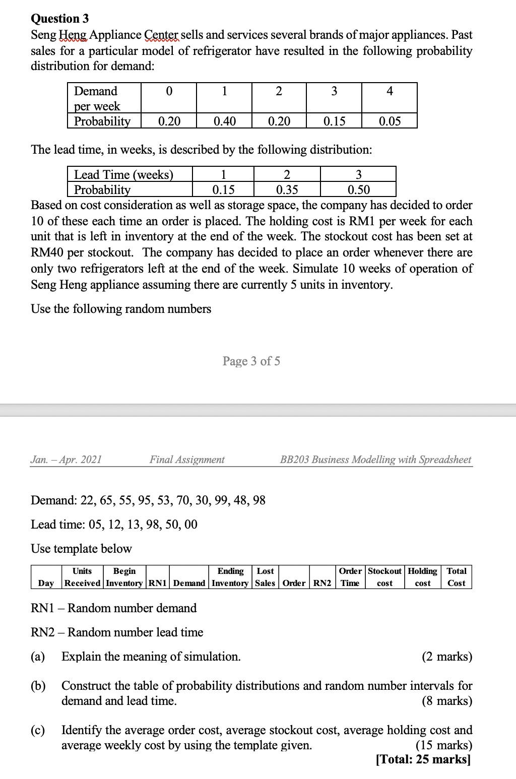 Question 3 Seng Heng Appliance Center sells and | Chegg.com
