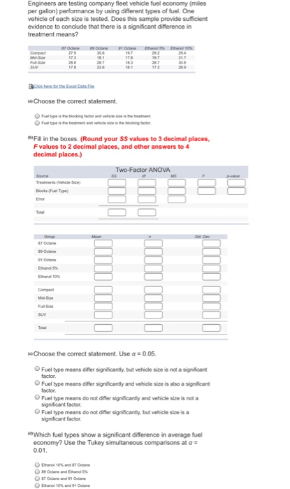 Solved Engineers are testing company fleet vehicle fuel | Chegg.com