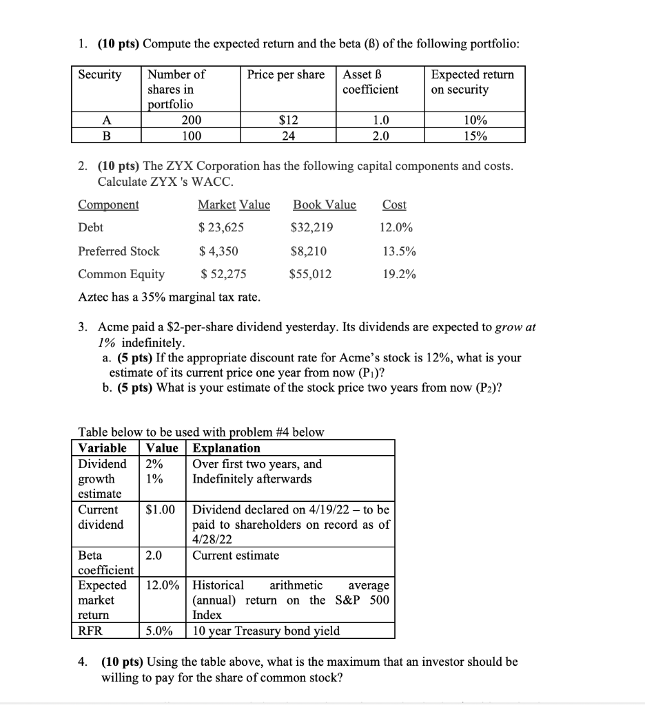 1. (10 pts) Compute the expected return and the beta | Chegg.com
