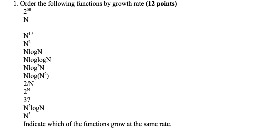 Solved 1. Order the following functions by growth rate (12 | Chegg.com
