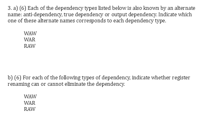 Solved 3. a) (6) Each of the dependency types listed below | Chegg.com