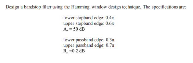 Solved Design a bandstop filter using the Hamming window | Chegg.com