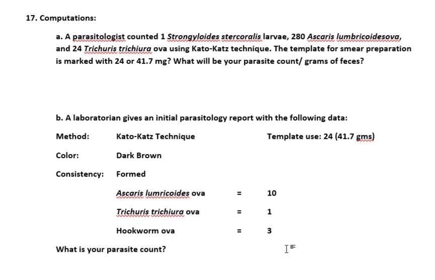 Solved 17. Computations: a. A parasitologist counted 1 | Chegg.com