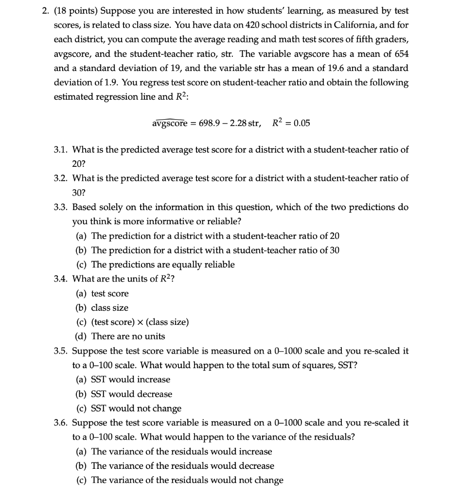 Solved 2. (18 points) Suppose you are interested in how | Chegg.com