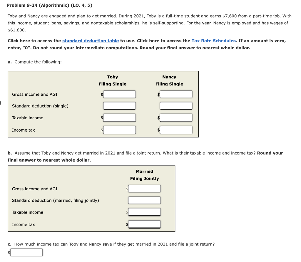 Solved Problem 9-24 (Algorithmic) ( LO, 4, 5) Toby and Nancy | Chegg.com