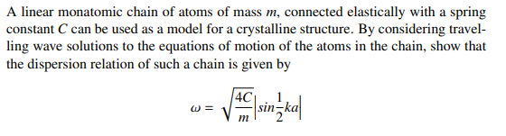 Solved A linear monatomic chain of atoms of mass m, | Chegg.com
